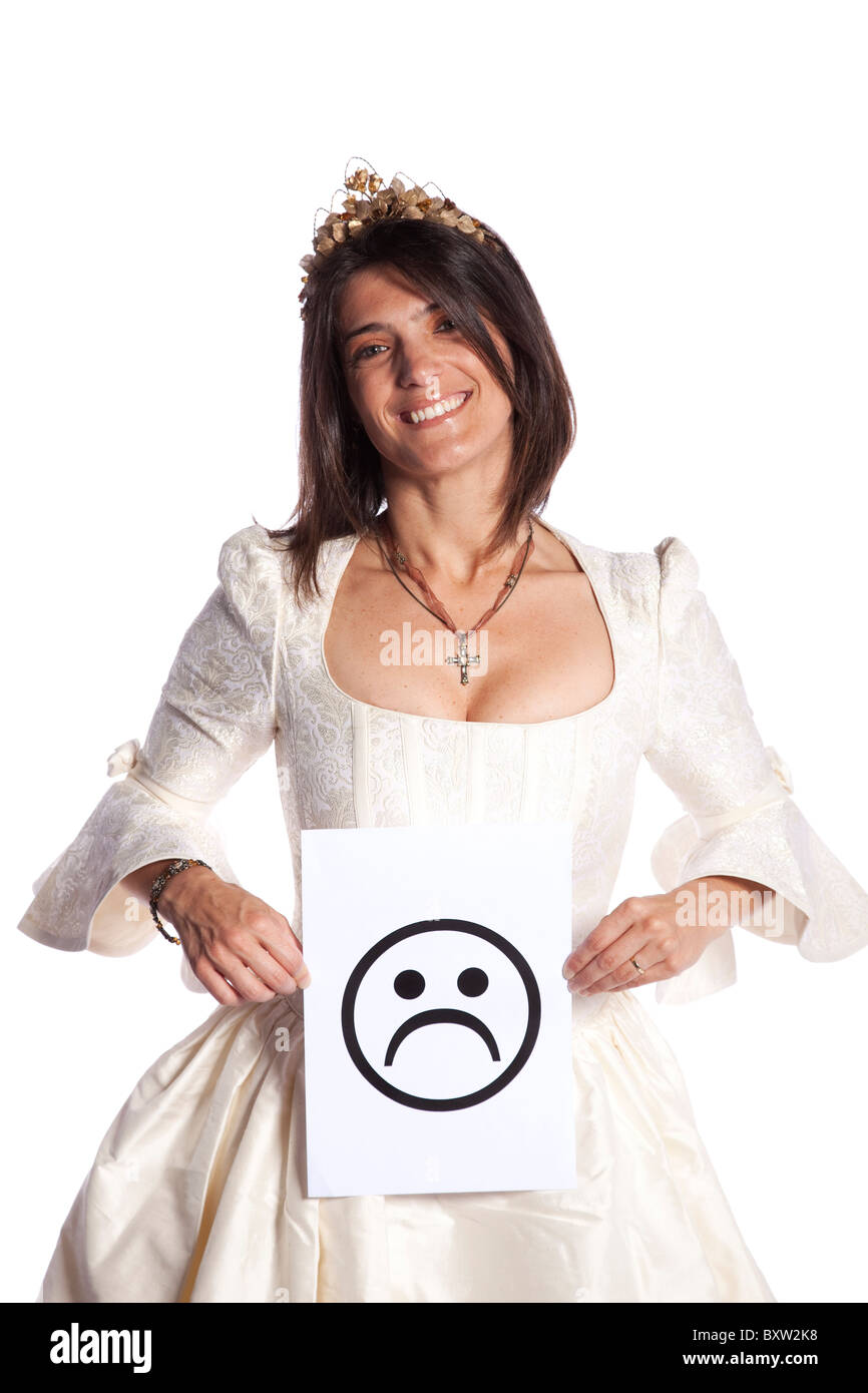 Happy bride holding a sad symbol face (isolated on white Stock Photo ...