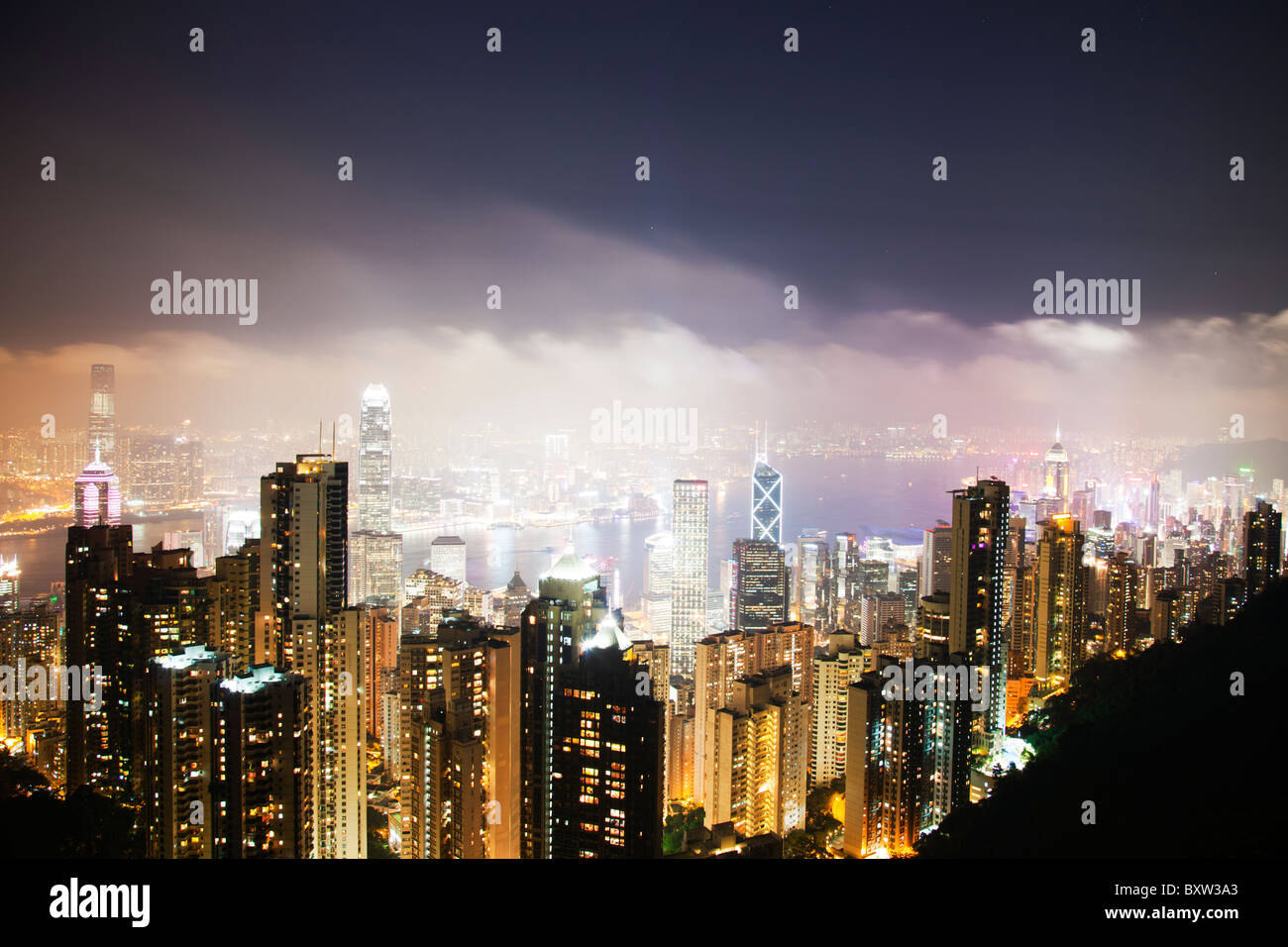 The amazing Hong Kong skyline as seen from The Peak lookout at night ...