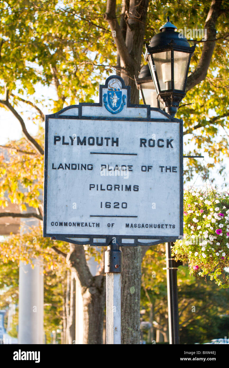 Sign marking the location of Plymouth Rock where pilgrims landed in ...