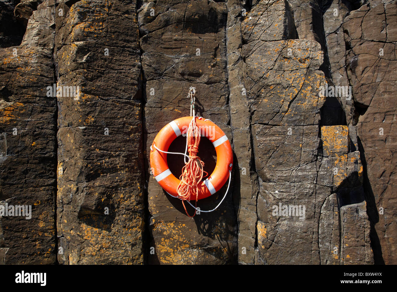 Life ring and Polygonal basalt, Staffa, off Isle of Mull, Scotland ...