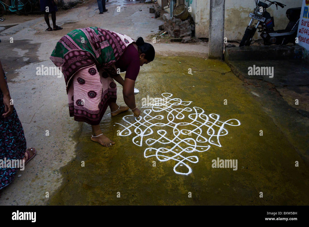 Mamallapuram resident decorates entrance with Rangoli or Kolam in Tamil ...