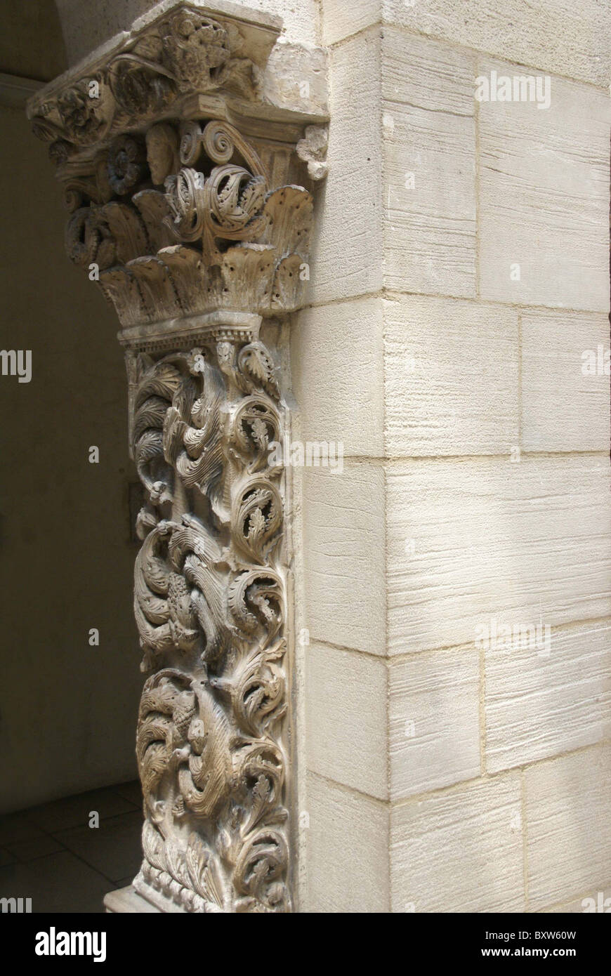 Detail, medieval capitals, carved columns, Cloisters, New York City ...
