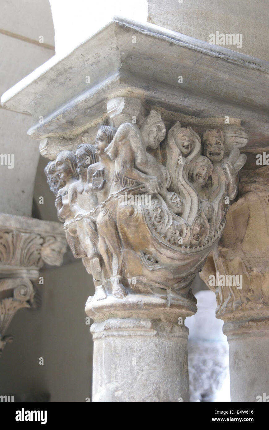 Detail, medieval capitals, carved columns, Cloisters, New York City ...