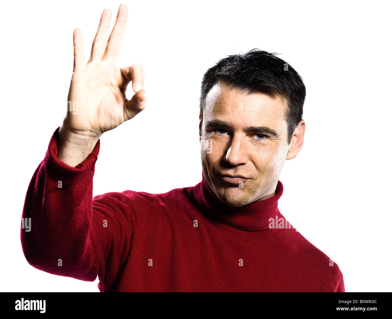 caucasian man ok hand sign gesture studio portrait on isolated white ...