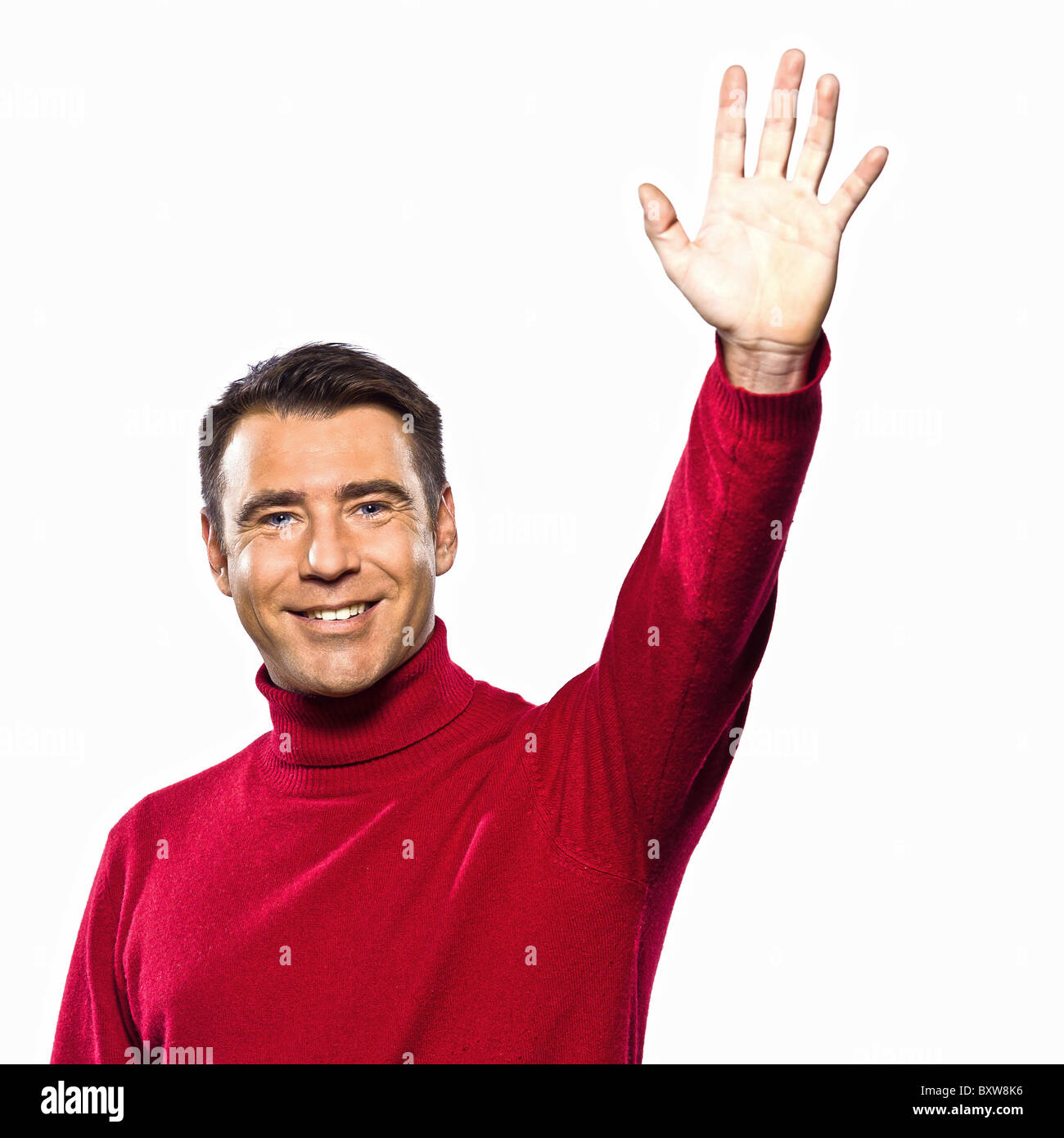 caucasian man saluting hailing gesture studio portrait on isolated ...