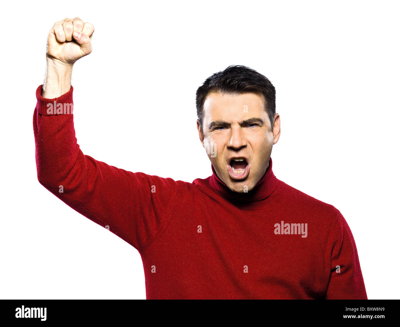 caucasian man revolt man raising fist gesture studio portrait on ...