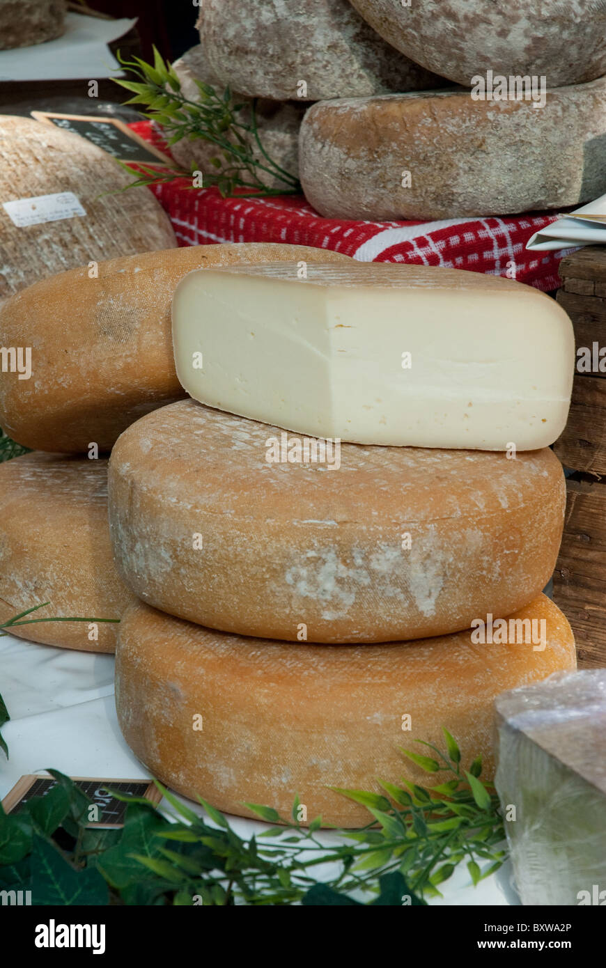 Cheese rounds displayed on a table at a French market Stock Photo - Alamy