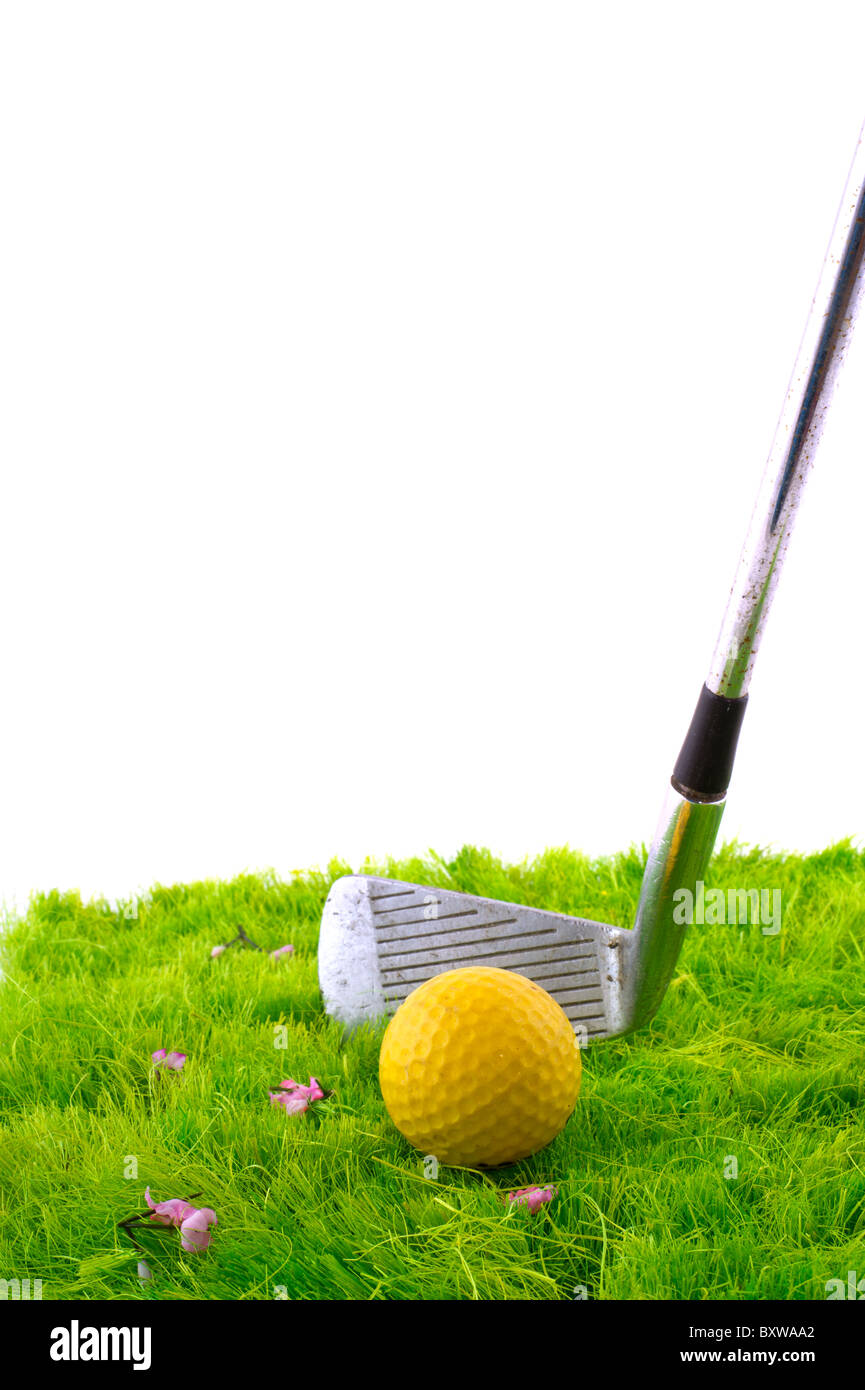 playing golf with ball and club on white background Stock Photo - Alamy