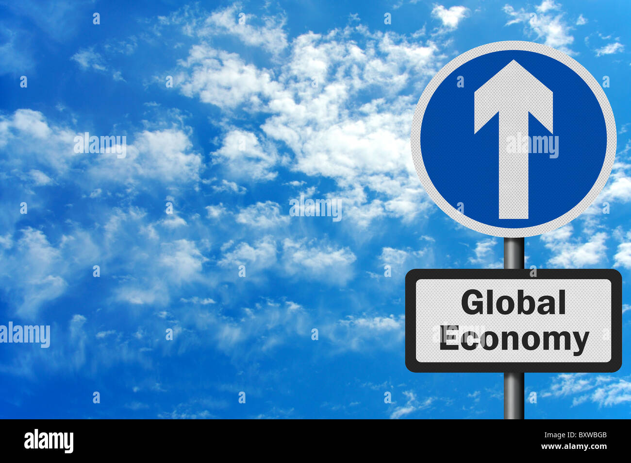 Photo realistic metallic, reflective 'global economy growth' sign, with ...