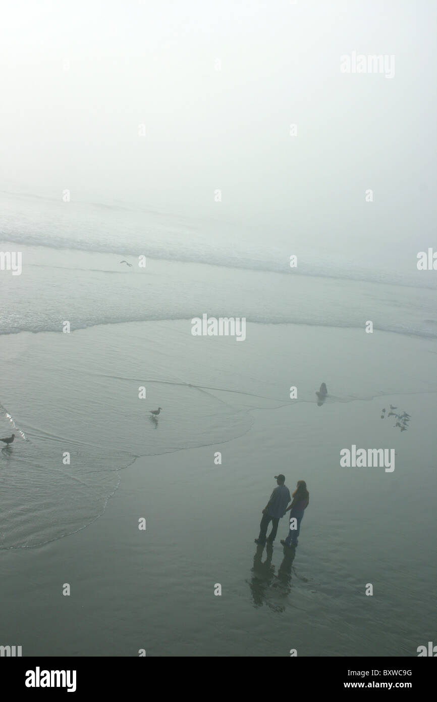 Two lovers walk the walk in the fog at the beach Stock Photo - Alamy