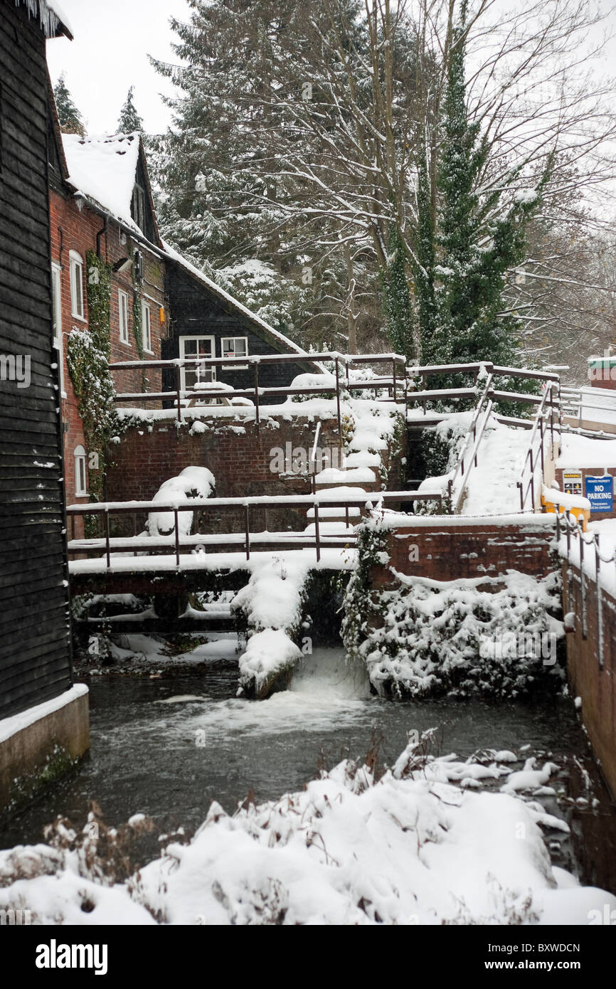 The Old Mill in the snow on Mill Lane in Godalming Surrey Stock Photo ...