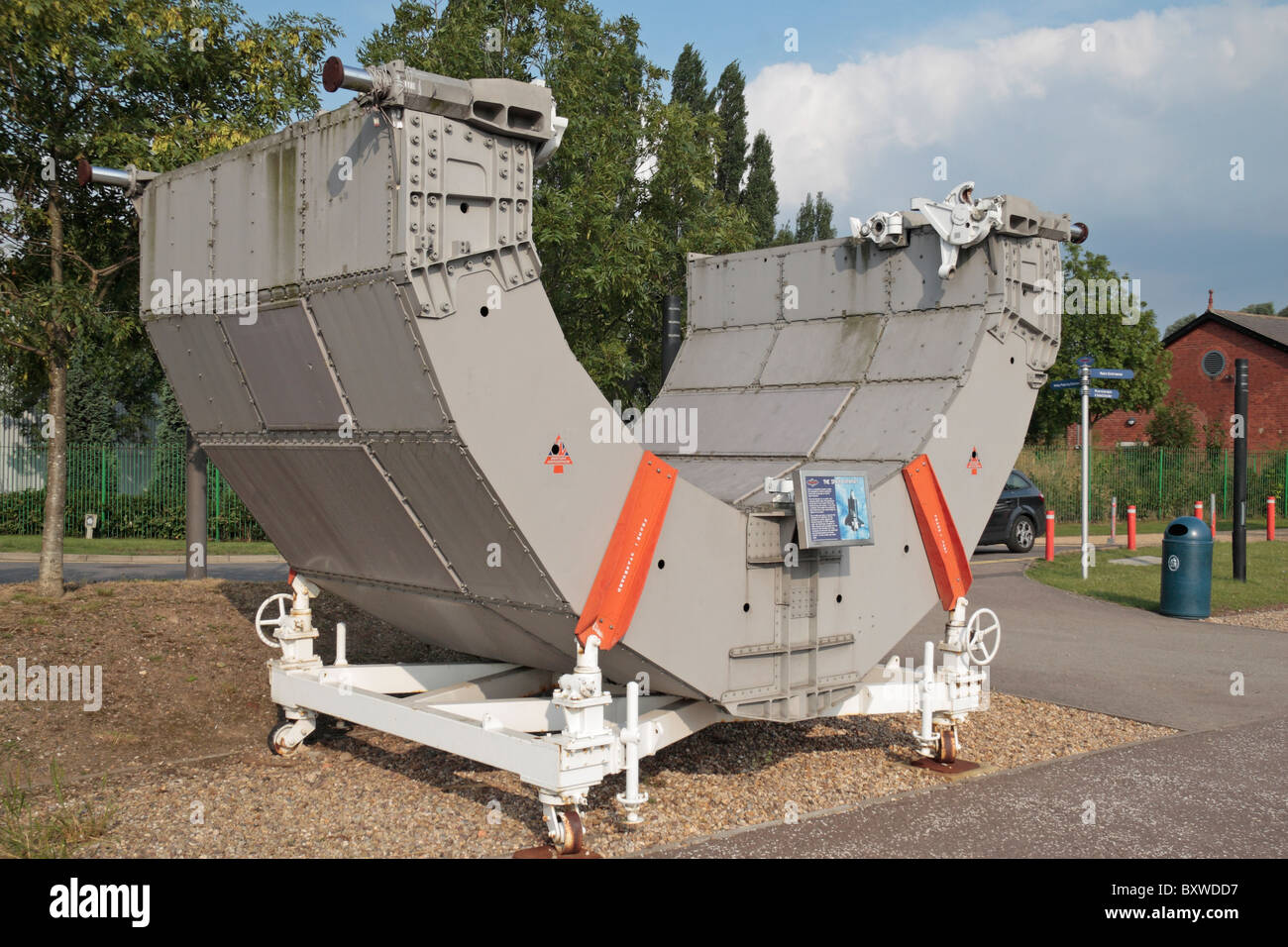 A satellite launch cradle from the Space Shuttle on display outside the ...