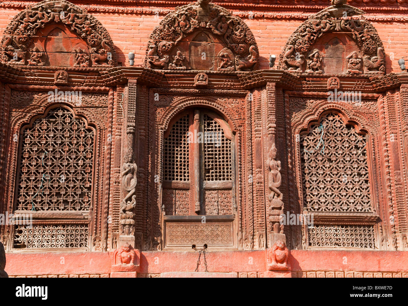 Newari style wood craftsmanship on windows at Durbar Square in ...