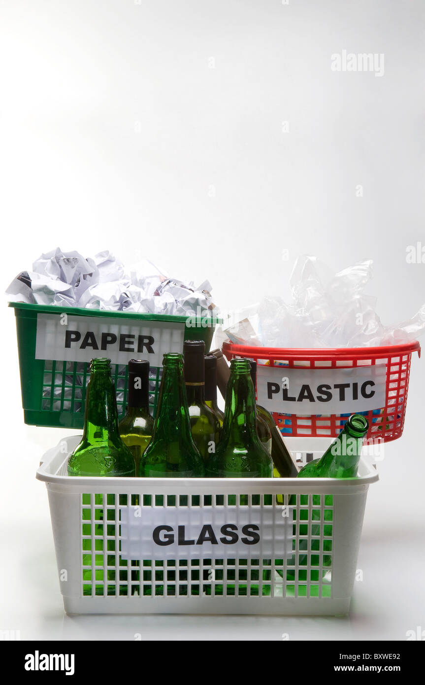 Glass, paper and plastic for recycling Stock Photo - Alamy