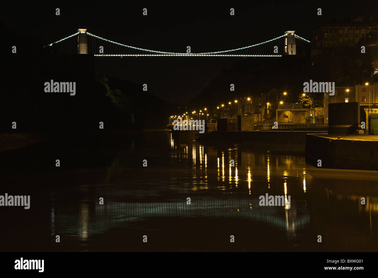 Clifton Suspension Bridge from Cumberland Basin Bristol night full tide ...