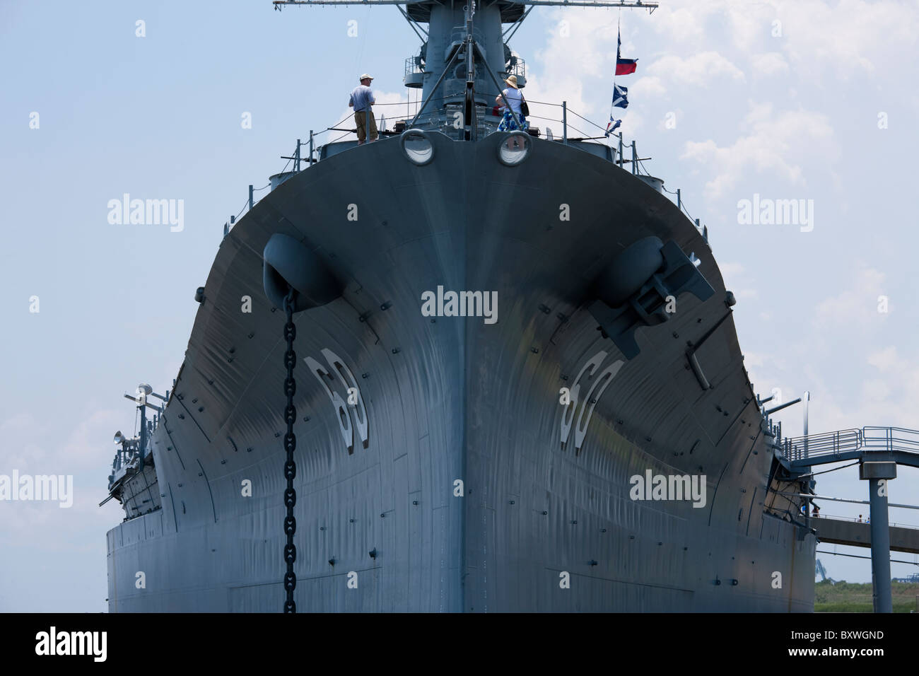 USA, Alabama, Mobile, Tourists standing on bow of decommissioned ...