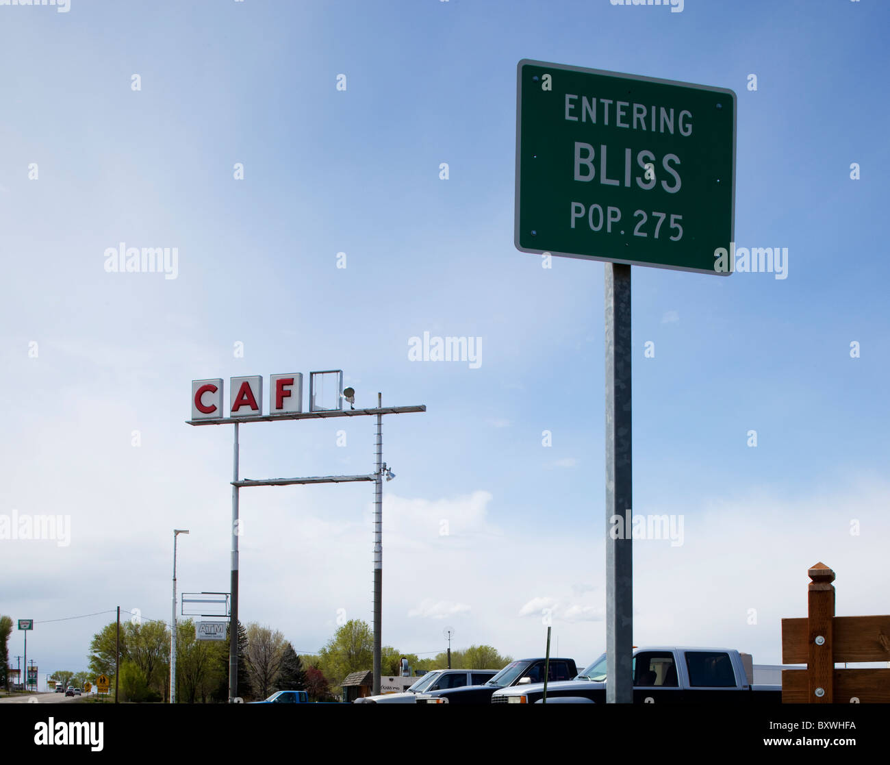 USA, Idaho, Bliss, Entering Bliss sign and broken Cafe sign at ...