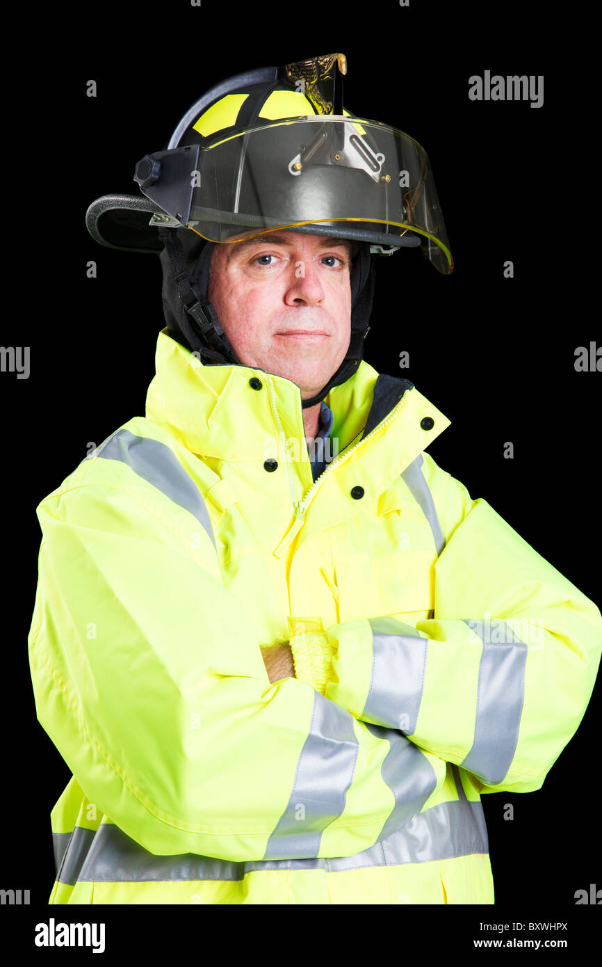 Portrait of handsome firefighter taken against a black background Stock ...