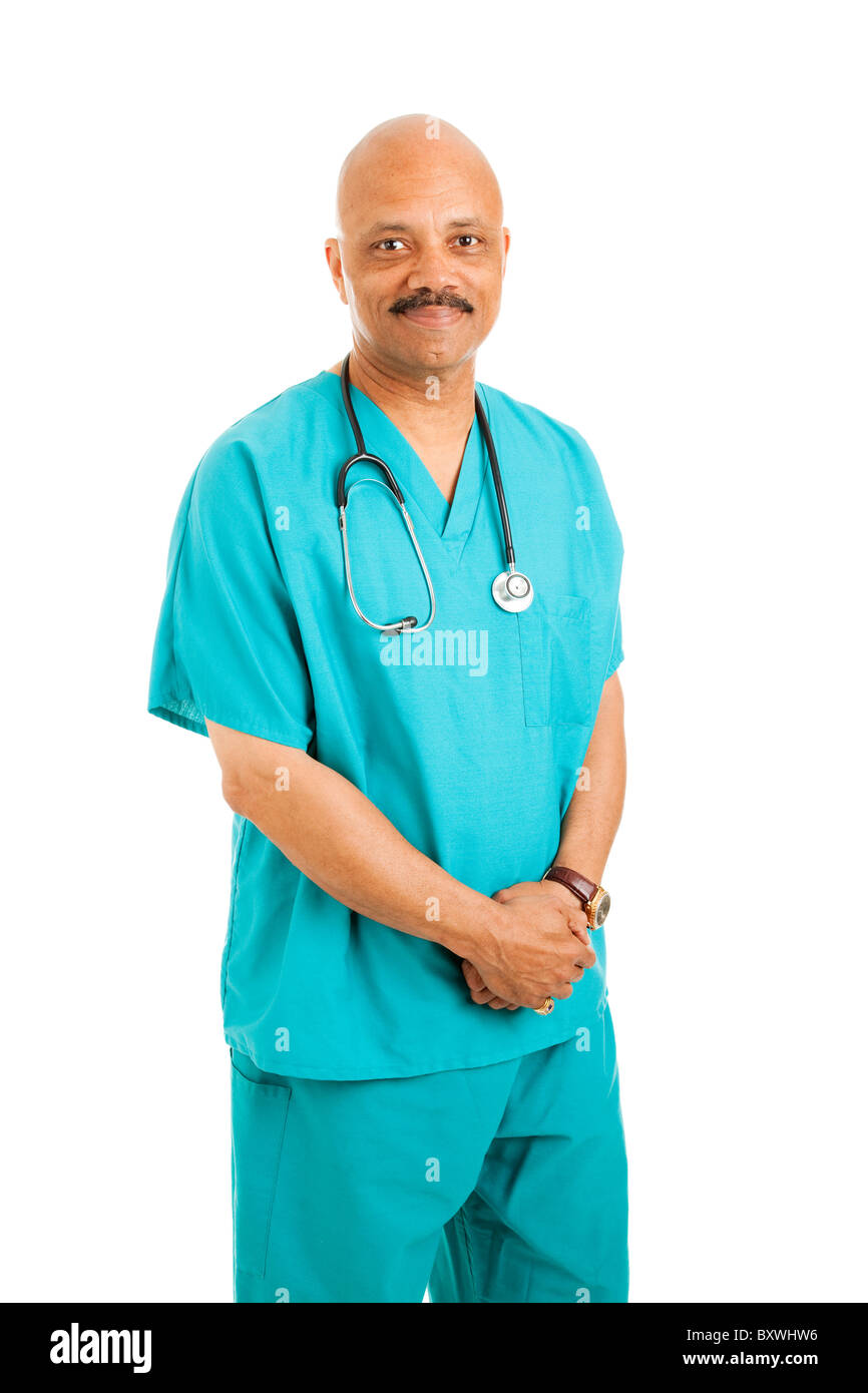 Friendly, handsome, african-american doctor isolated on white ...