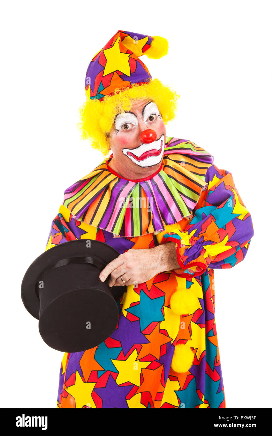 Clown has lost his arm, reaching deep inside his magic top hat ...