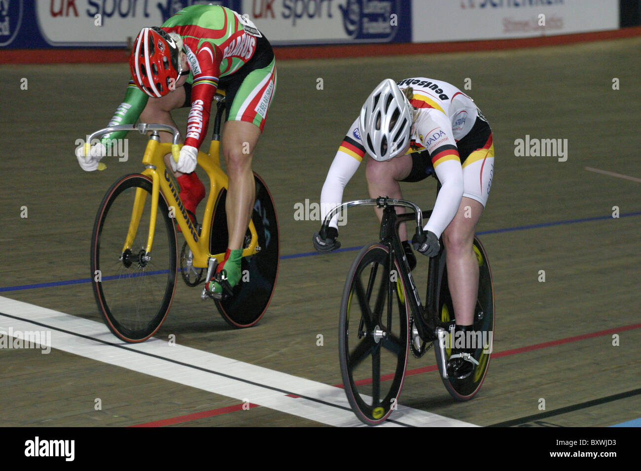 Belarus and german women sprinters at finish line Track cycle racing ...