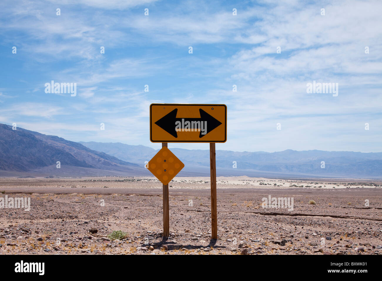 USA, California, Death Valley National Park, Road warning sign in ...