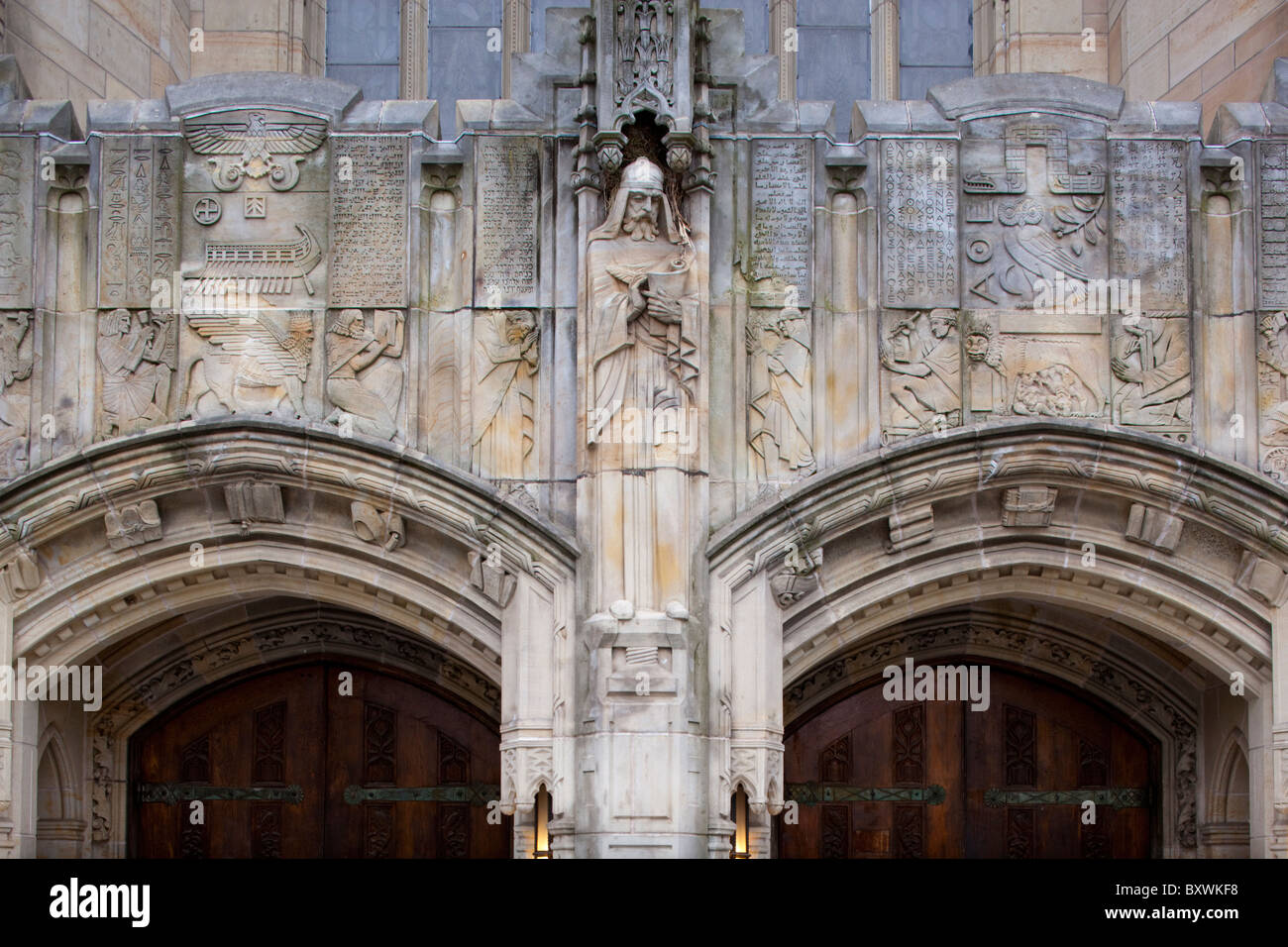 USA, Connecticut, New Haven, Yale University, Elaborate carvings above ...