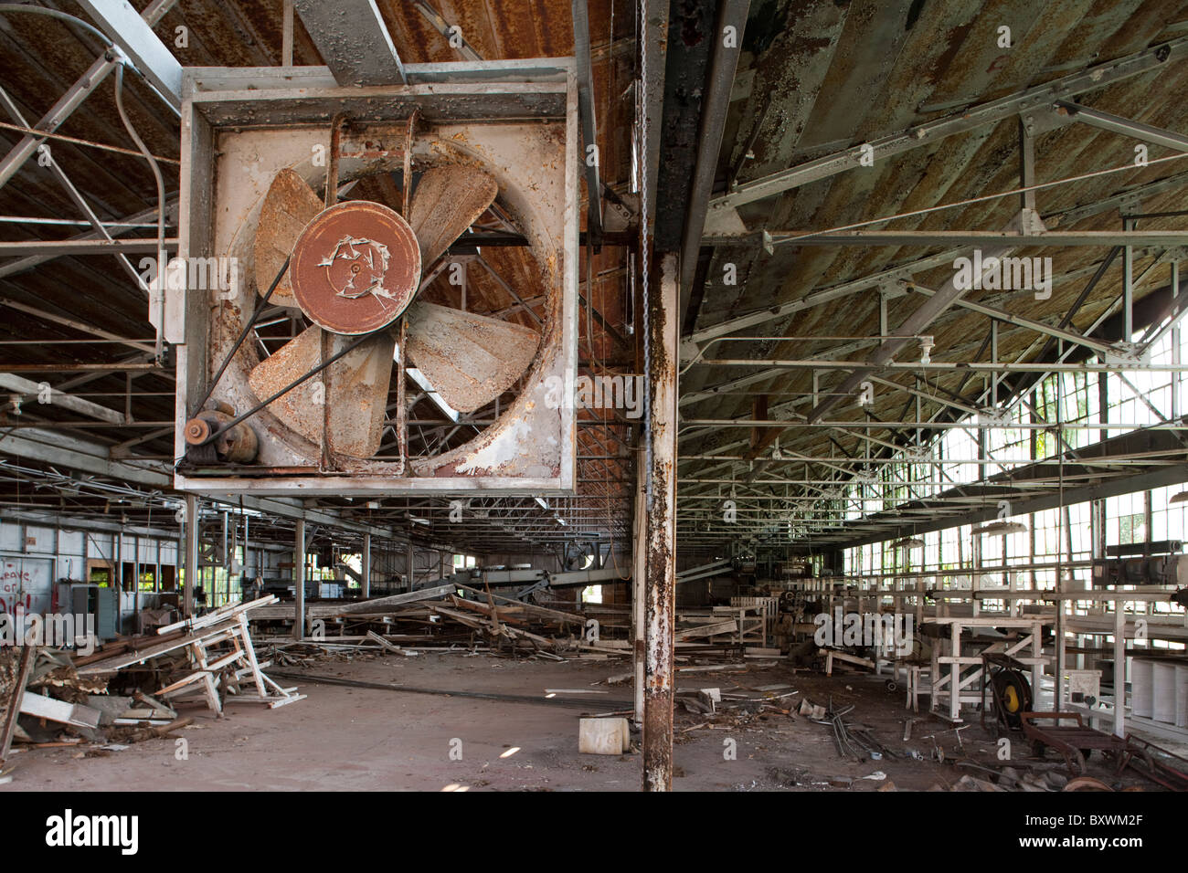 USA, Florida, Orlando, Interior view of cavernous abandoned citrus ...