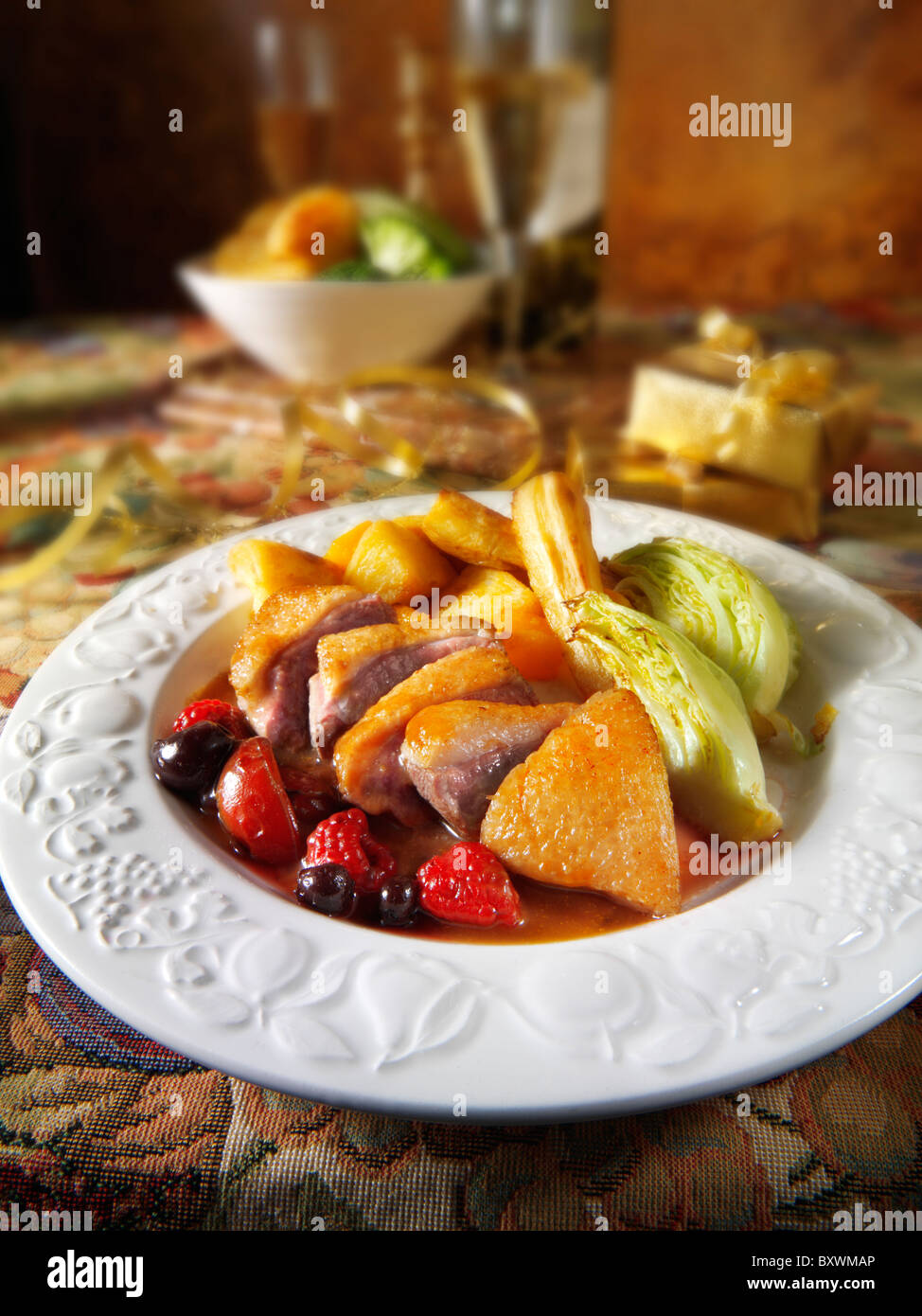 Traditional roast Gresham duck dinner Stock Photo - Alamy