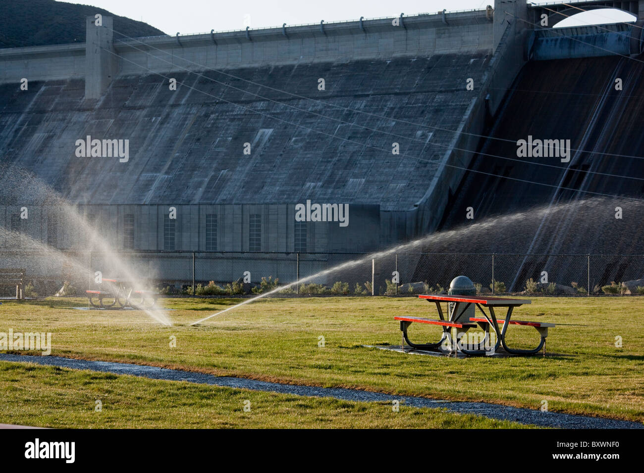 USA, Washington, Morning sun lights water sprinkler and picnic area in ...
