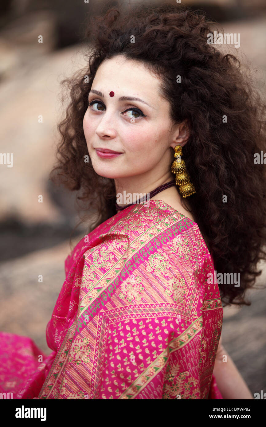 Beautiful lady wearing a red sari Andhra Pradesh South India Stock ...