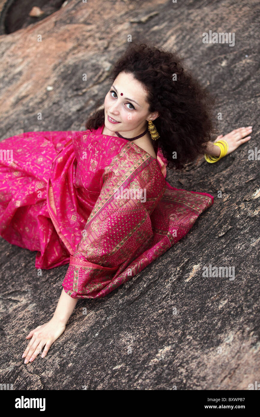 Beautiful lady wearing a red sari Andhra Pradesh South India Stock ...
