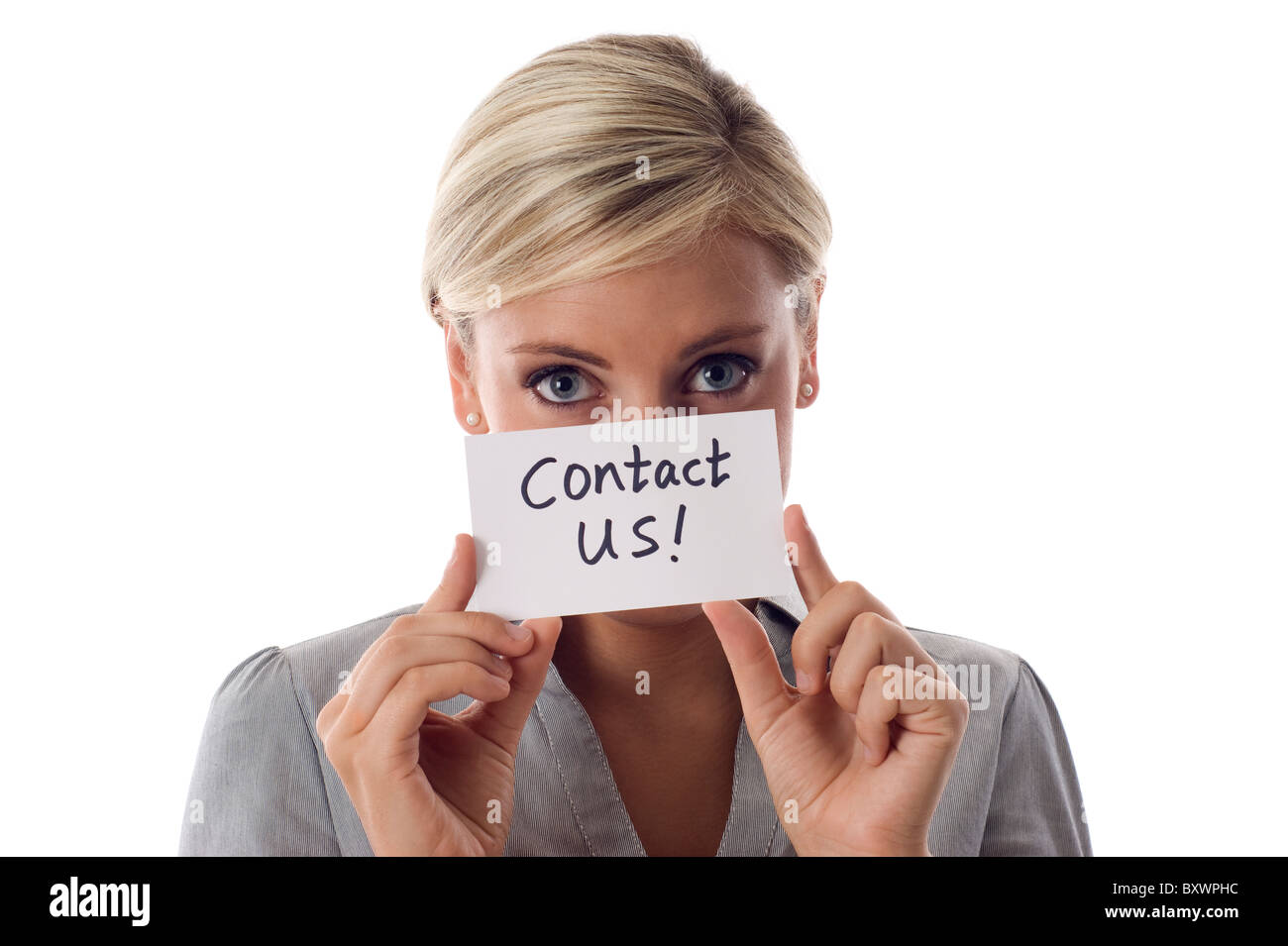 Women with card- Contact Us! isolated on white background Stock Photo ...