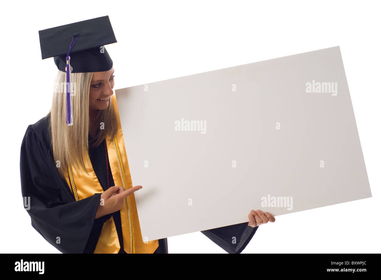 Friendly smiling graduation woman with a banner isolated over a white ...