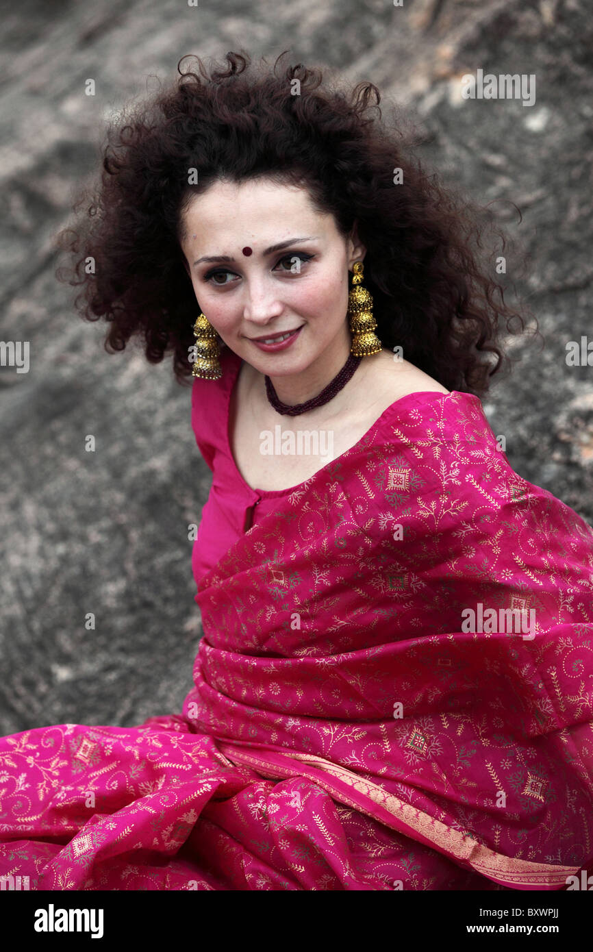Beautiful lady wearing a red sari Andhra Pradesh South India Stock ...