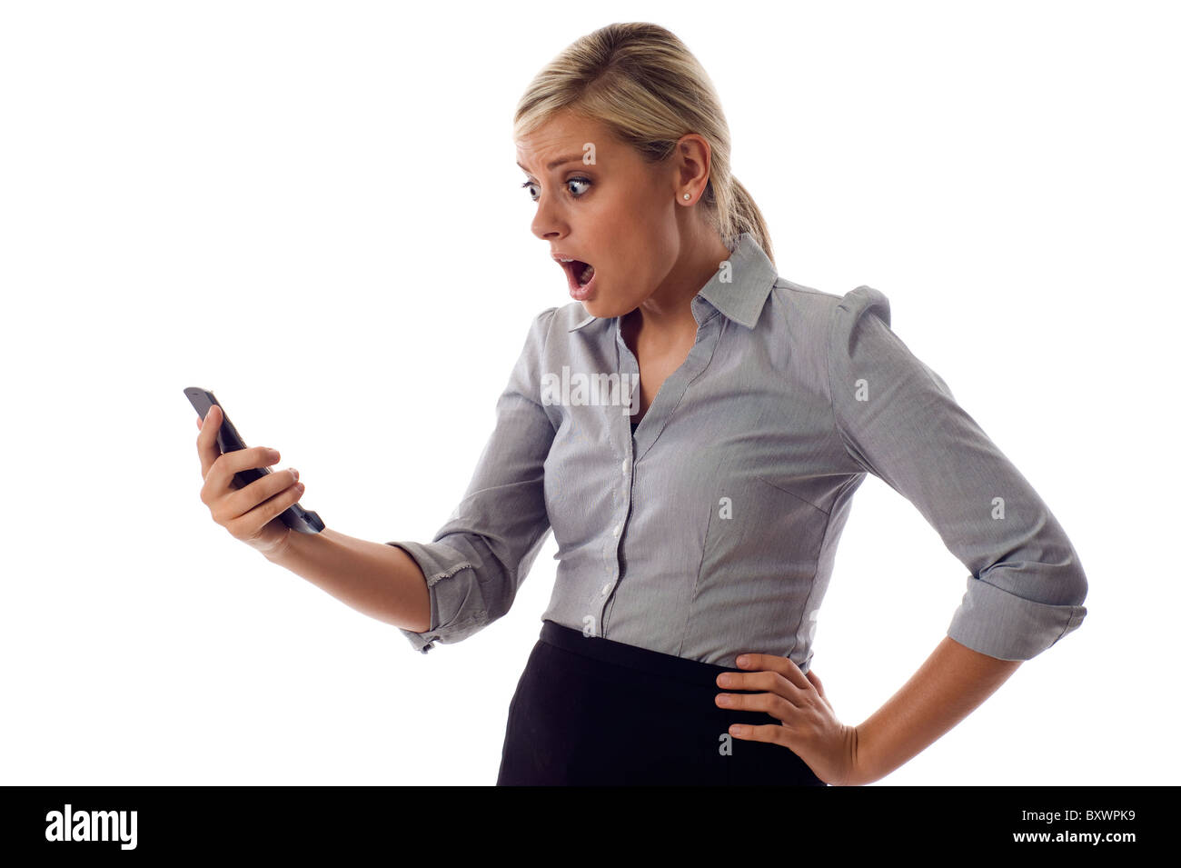 SMS. Funny young businesswoman reading bad news text message isolated ...