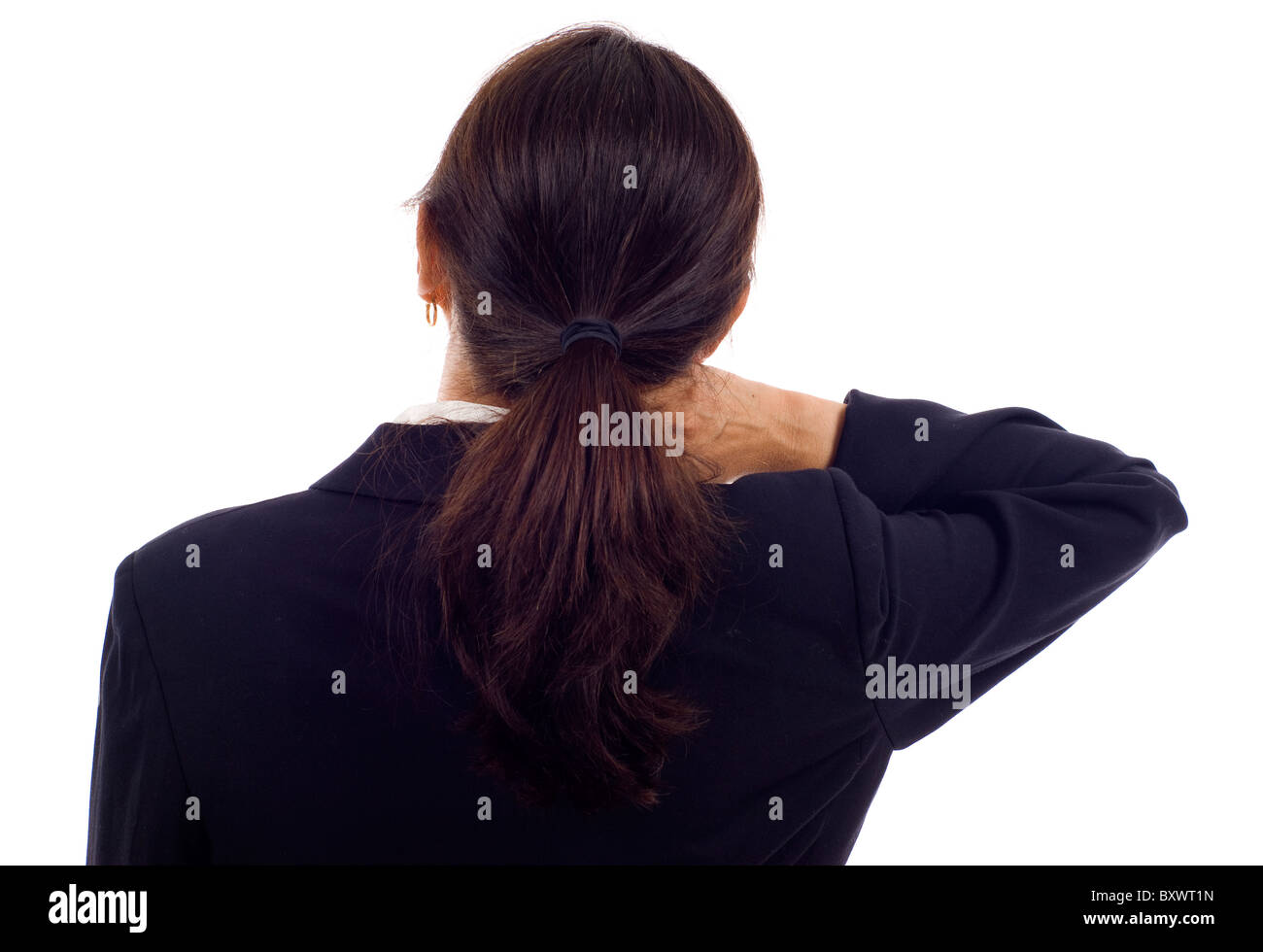 Asian woman with neck pain isolated over white background Stock Photo ...