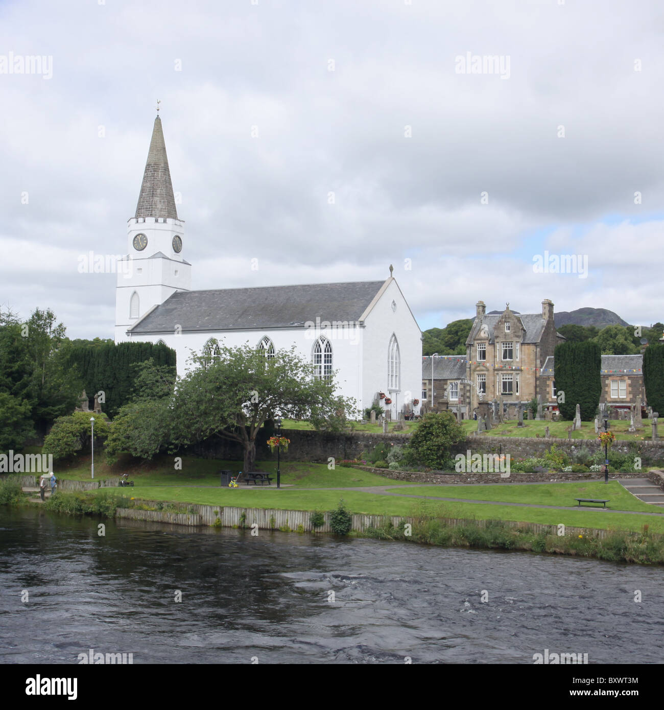 River Earn and the White church Comrie Scotland July 2010 Stock Photo ...