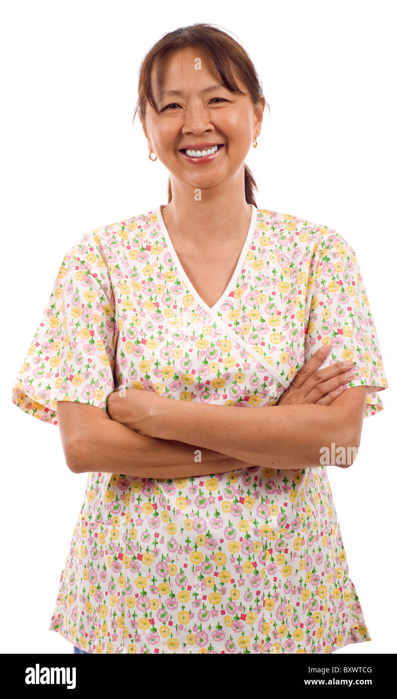 An Asian health care worker smiling, isolated over white background ...