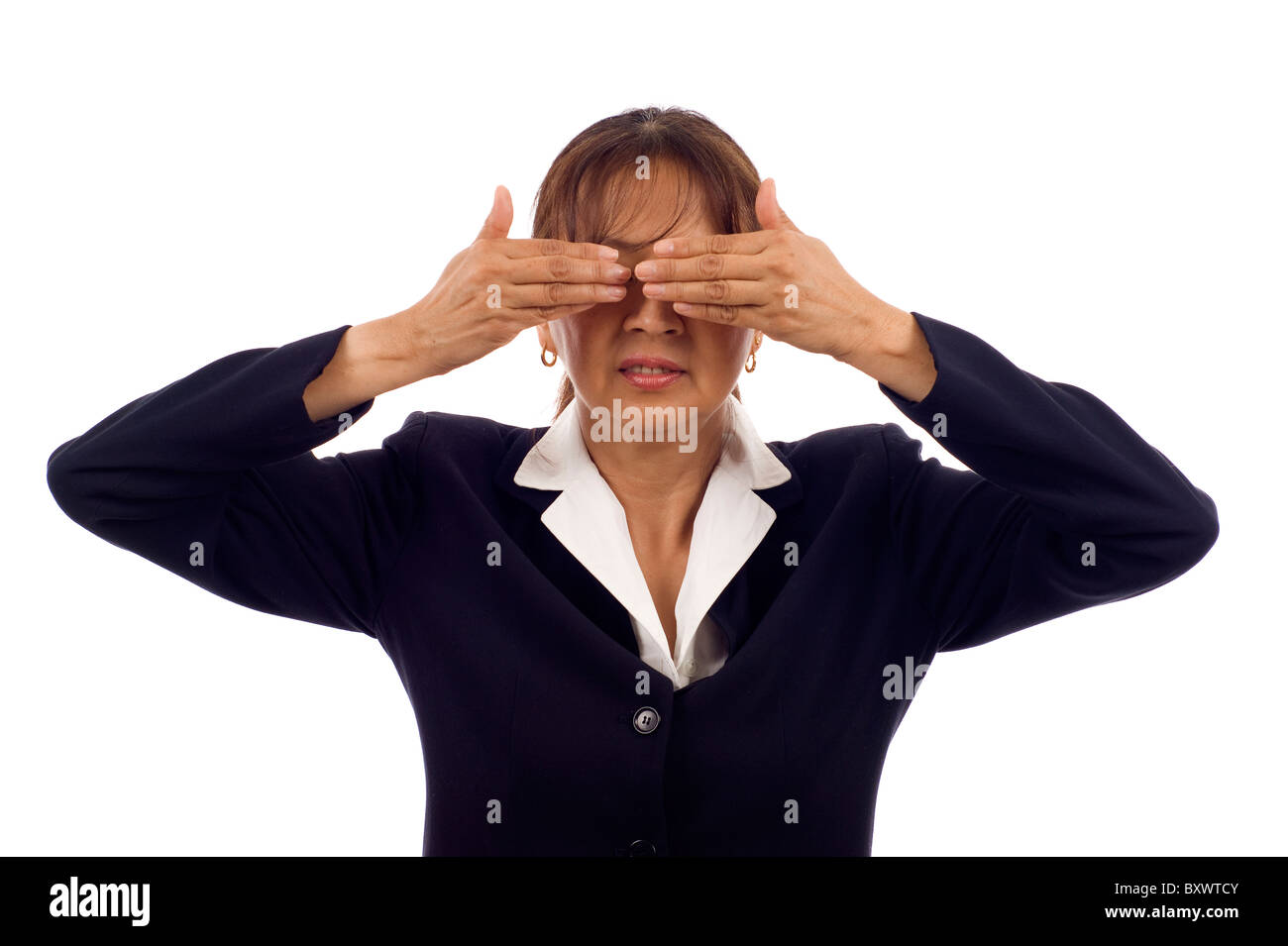 Asian business woman see no evil isolated over white background Stock ...