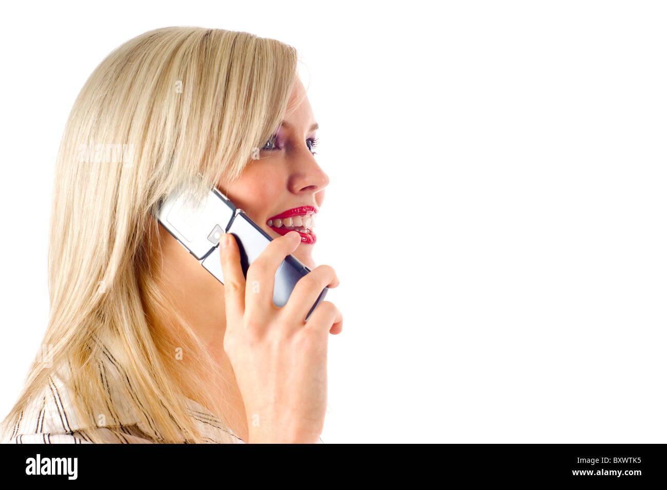 Business Woman Thinking & Talking on her Mobile Phone Stock Photo - Alamy