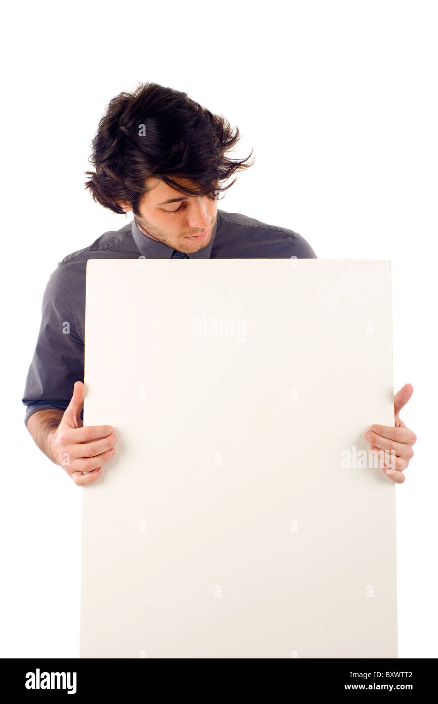 business man displaying a banner ad isolated over a white background ...