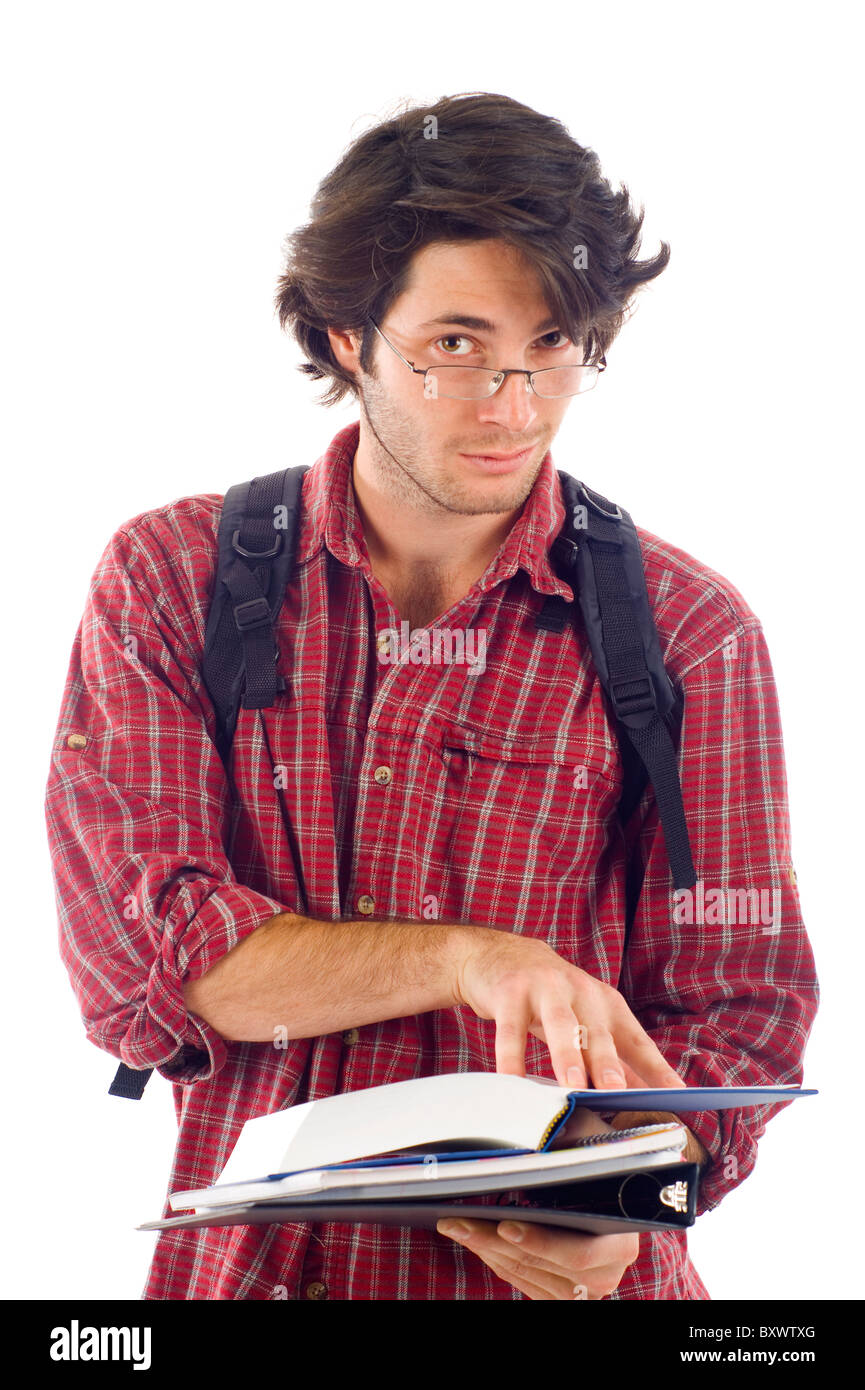 Adult student holding and reading a book isolated over a white ...