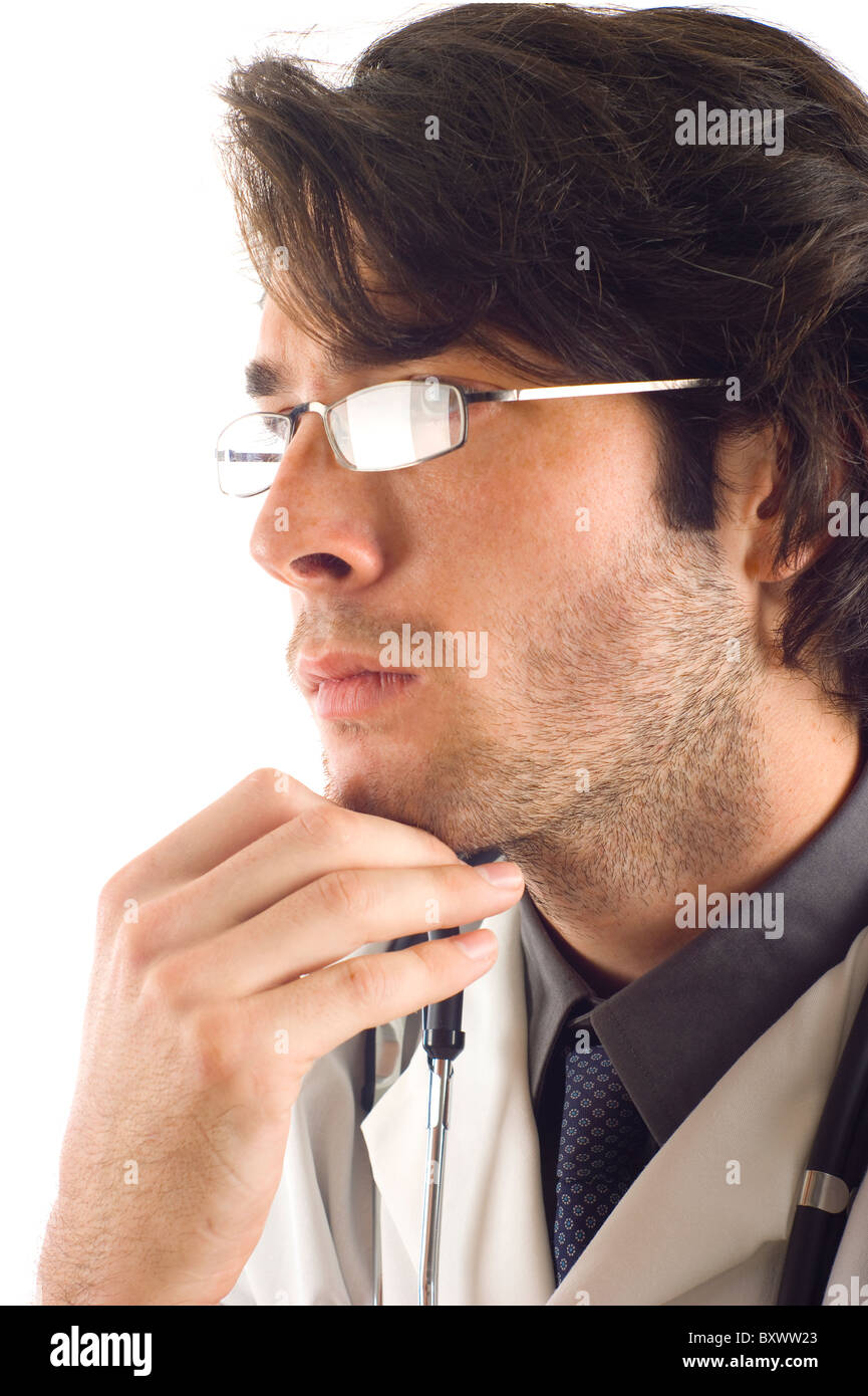 Pensive Medical Doctor, Isolated over a white background Stock Photo ...
