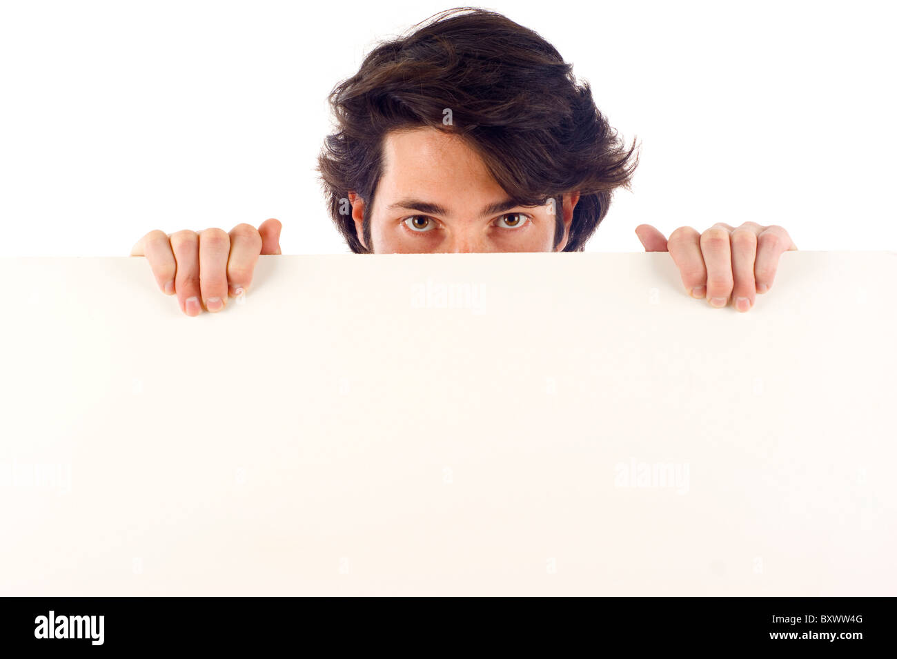 Man holding a banner isolated over a white background Stock Photo - Alamy