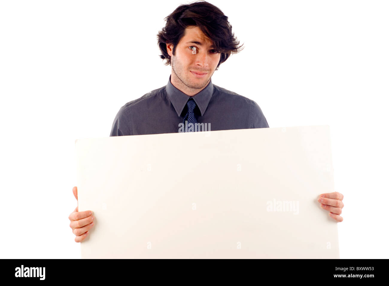 Business man displaying a banner ad isolated over a white background ...