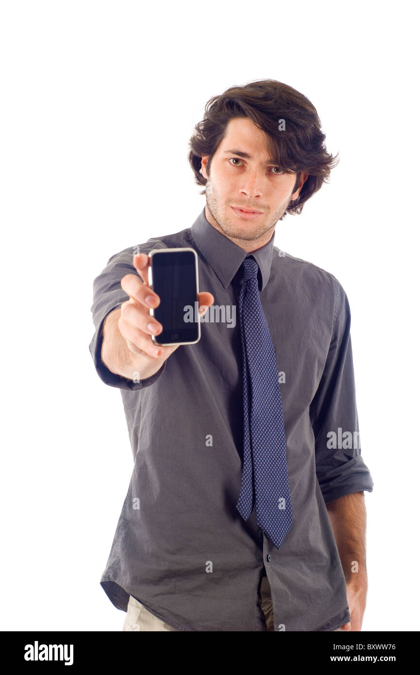 business man showing his smartphone / pda isolated over a white ...