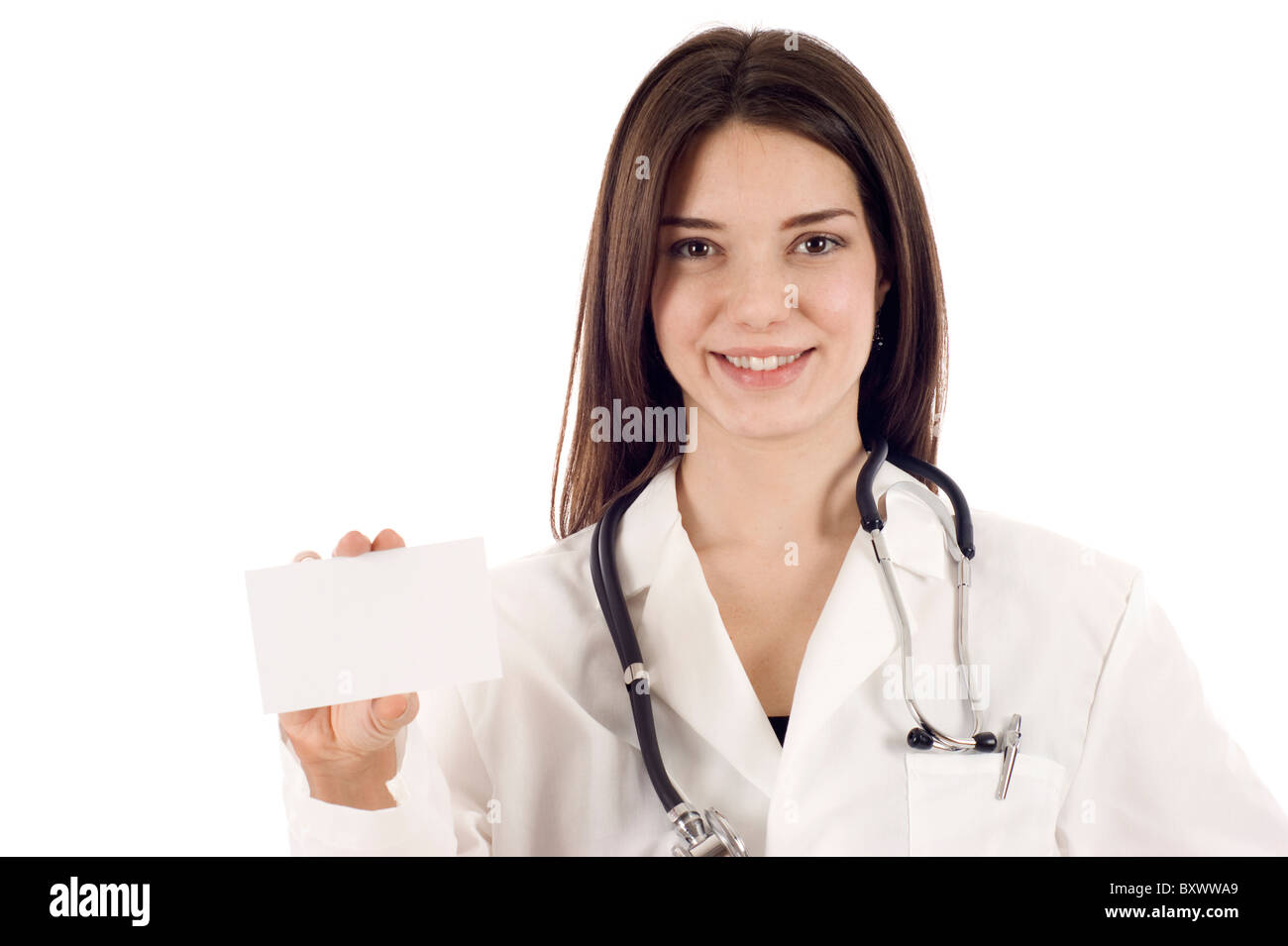 Friendly doctor with a blank card, isolated over white Stock Photo - Alamy