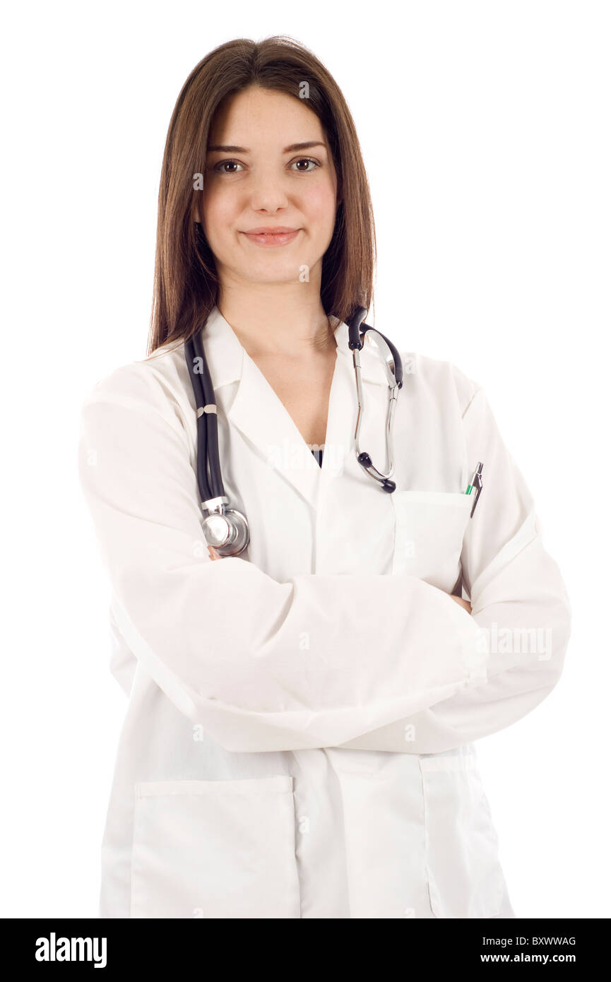 Caucasian female doctor folding arms against white background Stock Photo - Alamy
