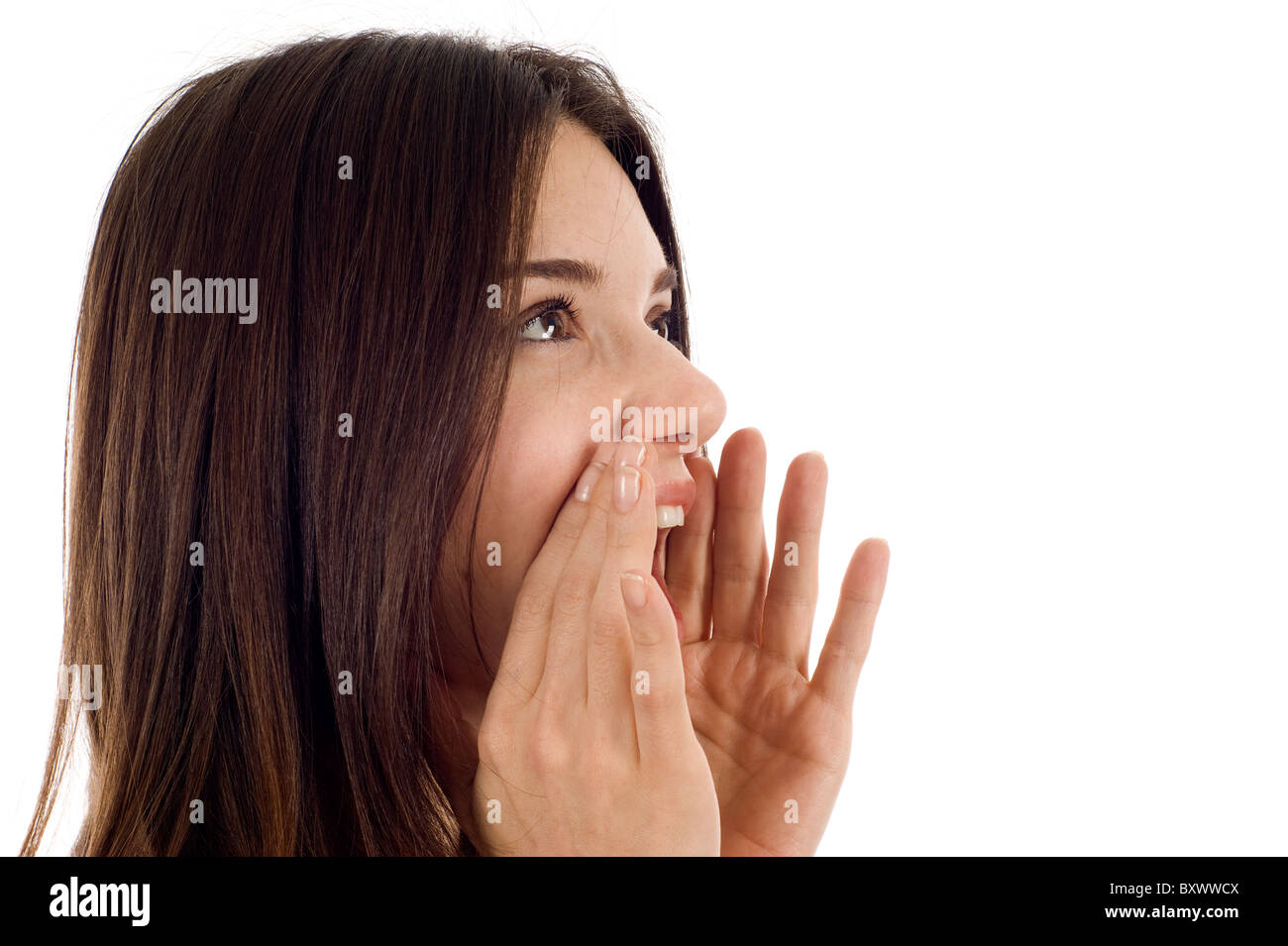 Beautiful woman screaming isolated over white, a lot of copyspace Stock ...